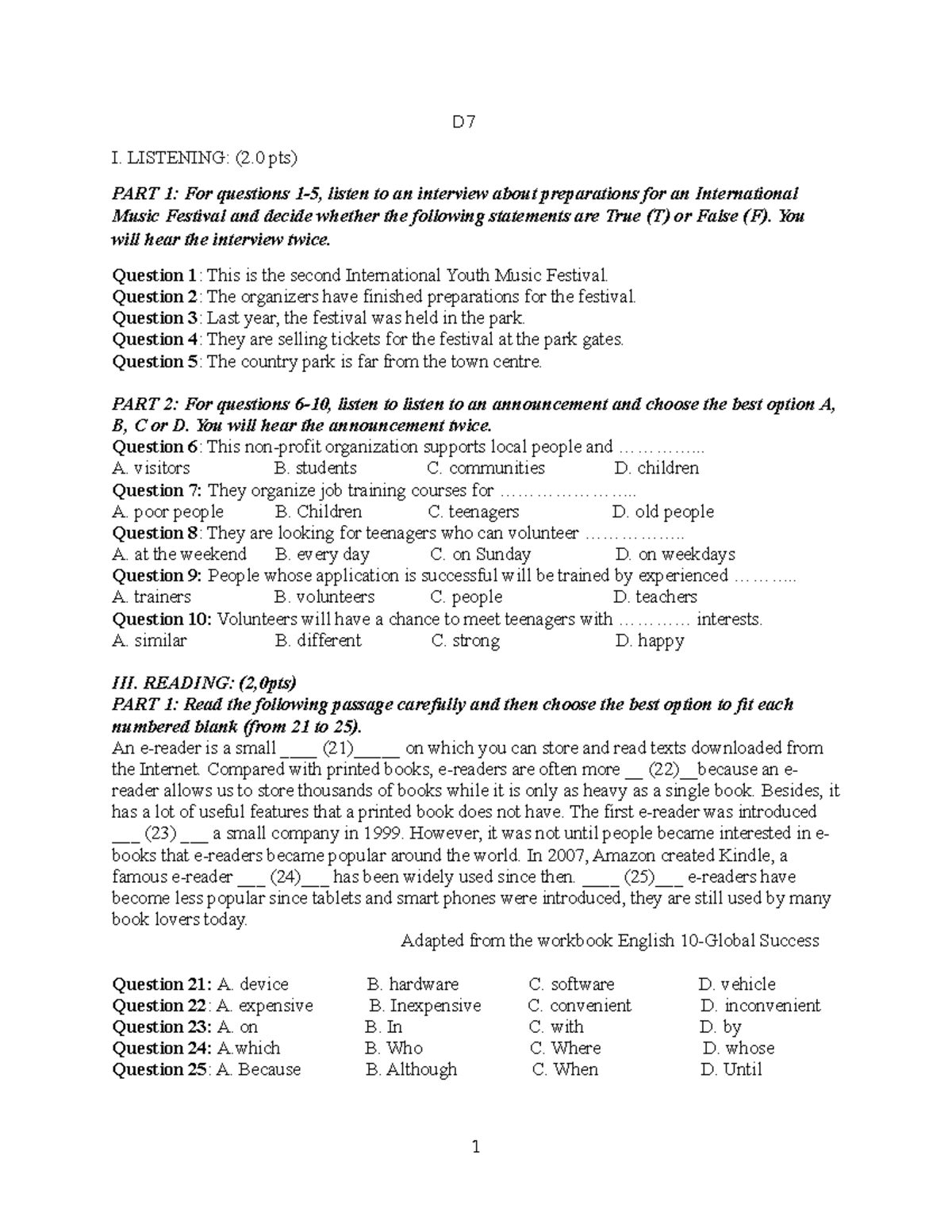 D7 I. Listening and Reading Practice for English Exam Preparation - Studocu