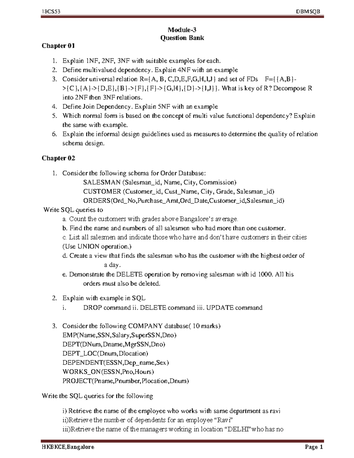 Question Bank for DBMS - IAE2 Module 3 (18CS 53) - Studocu