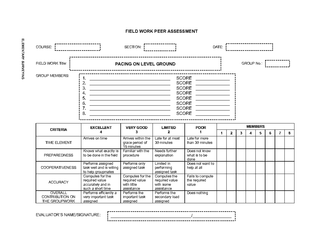 Field Work Peer Assessment Form - Elementary Surveying 101 - Studocu