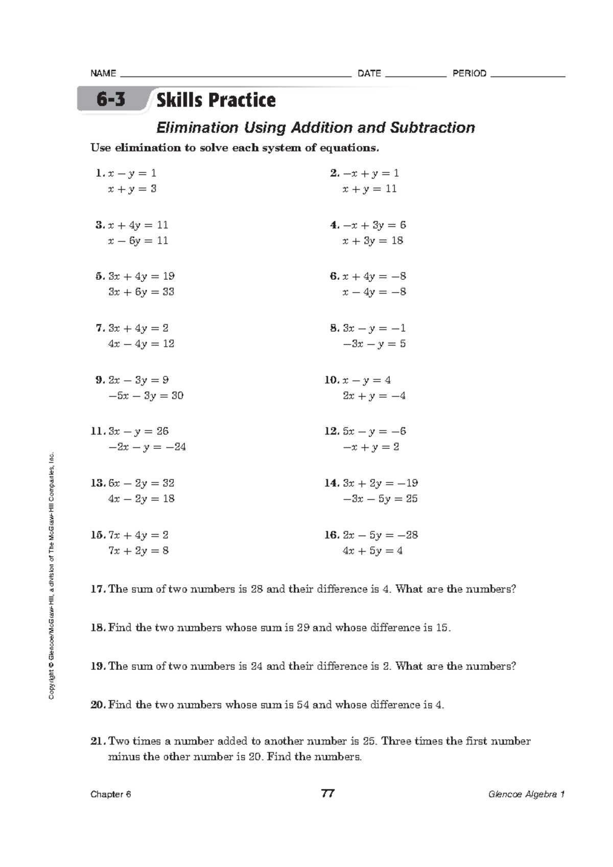 Skills Practice: Elimination Using Addition, Subtraction ...