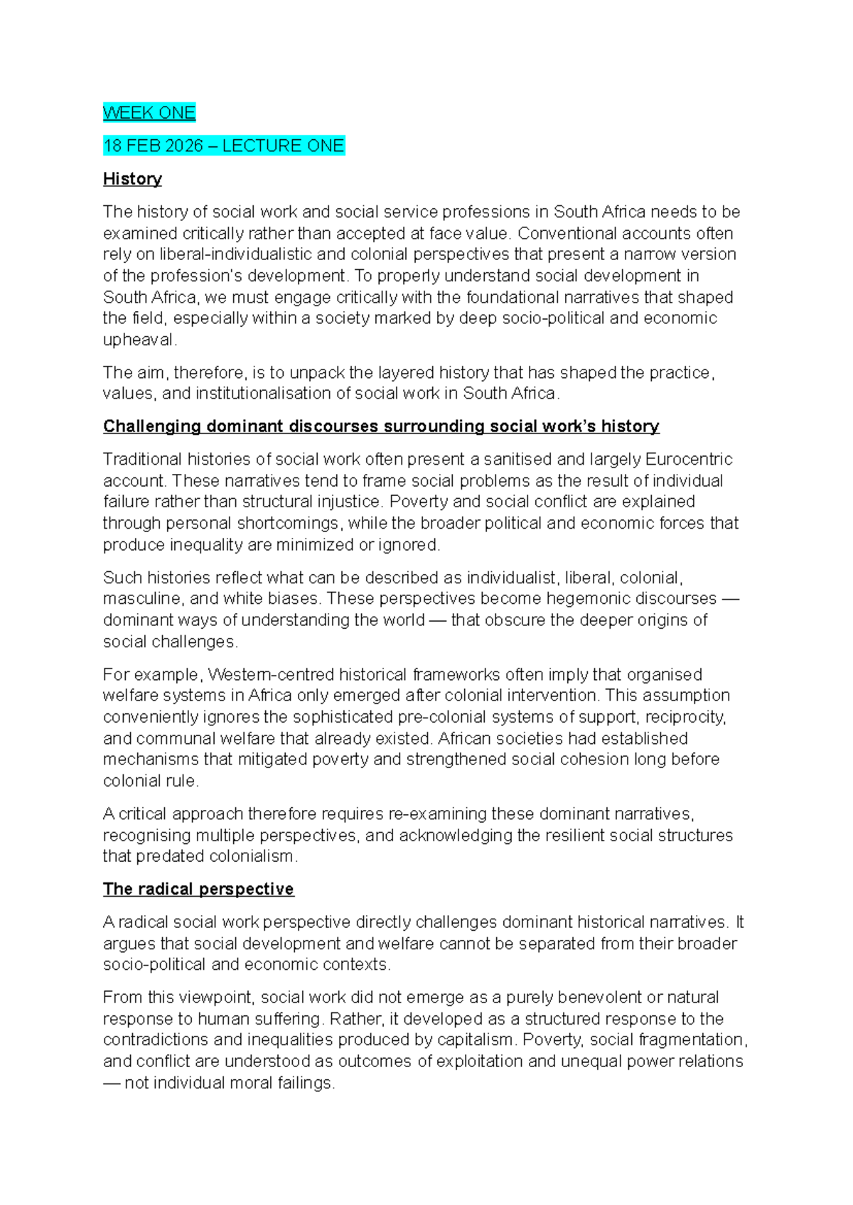 SWK2001 F - Lecture Notes: Critical Perspectives on Social Work History ...