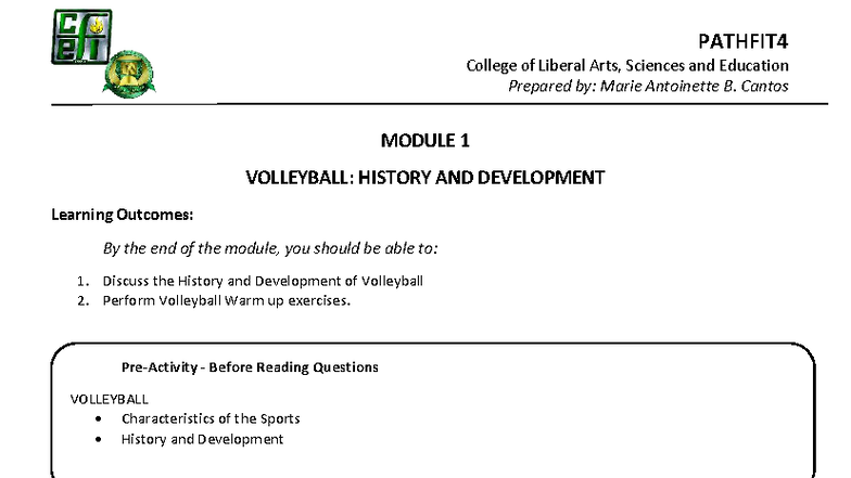 PATHFIT4 Volleyball Module 1: History & Development Overview - Studocu