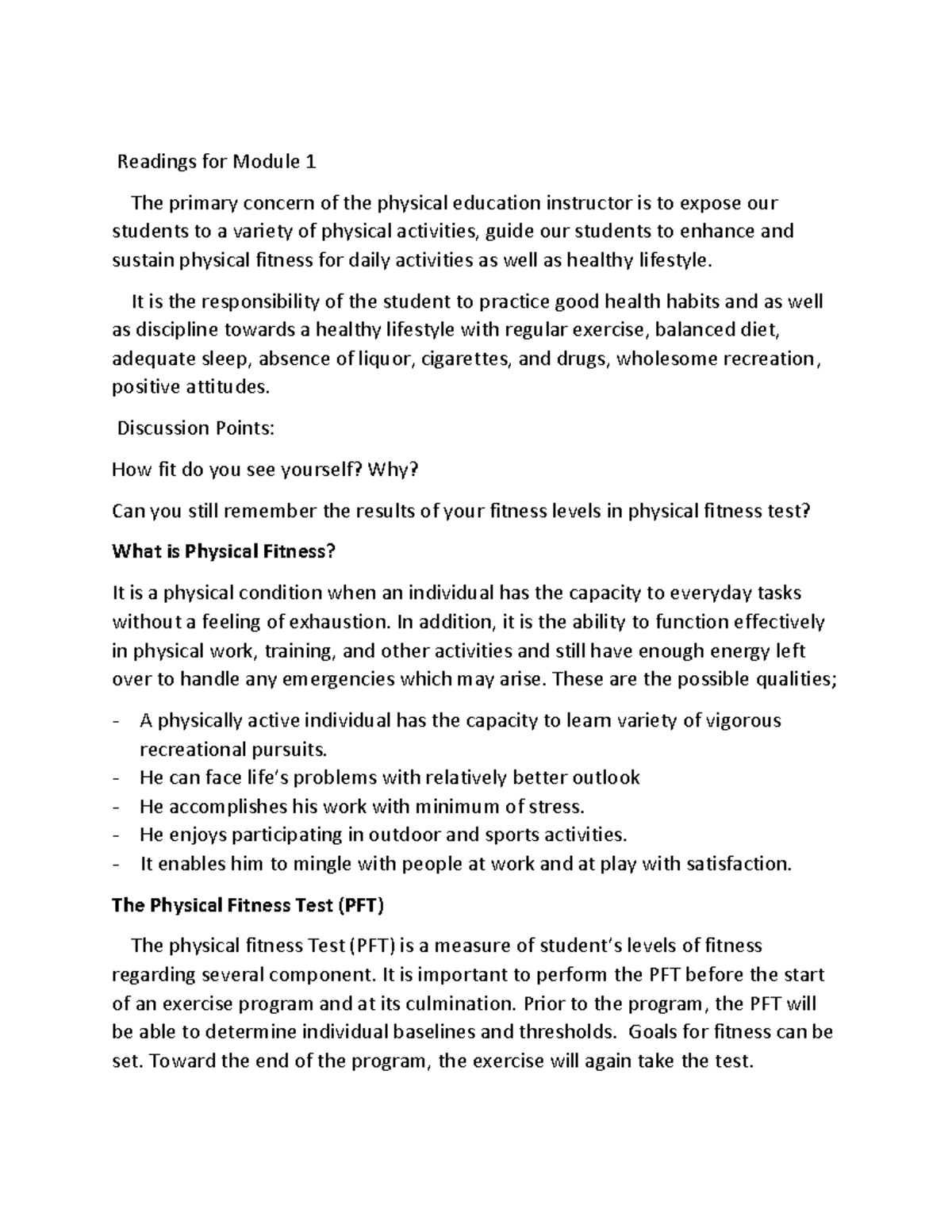Module 1 Supplementary Readings on Physical Fitness and Health - Studocu