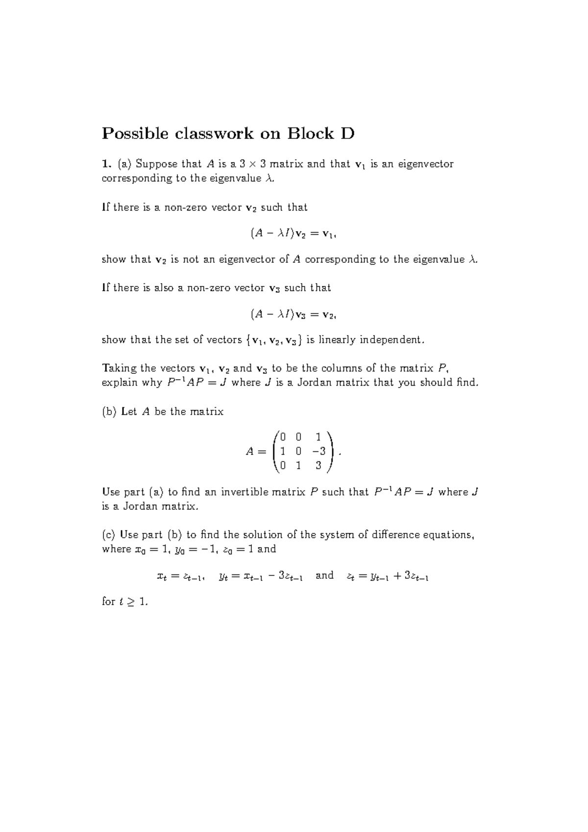 Fla D Classwork: Eigenvalues, Eigenvectors, and Jordan Form - Studocu