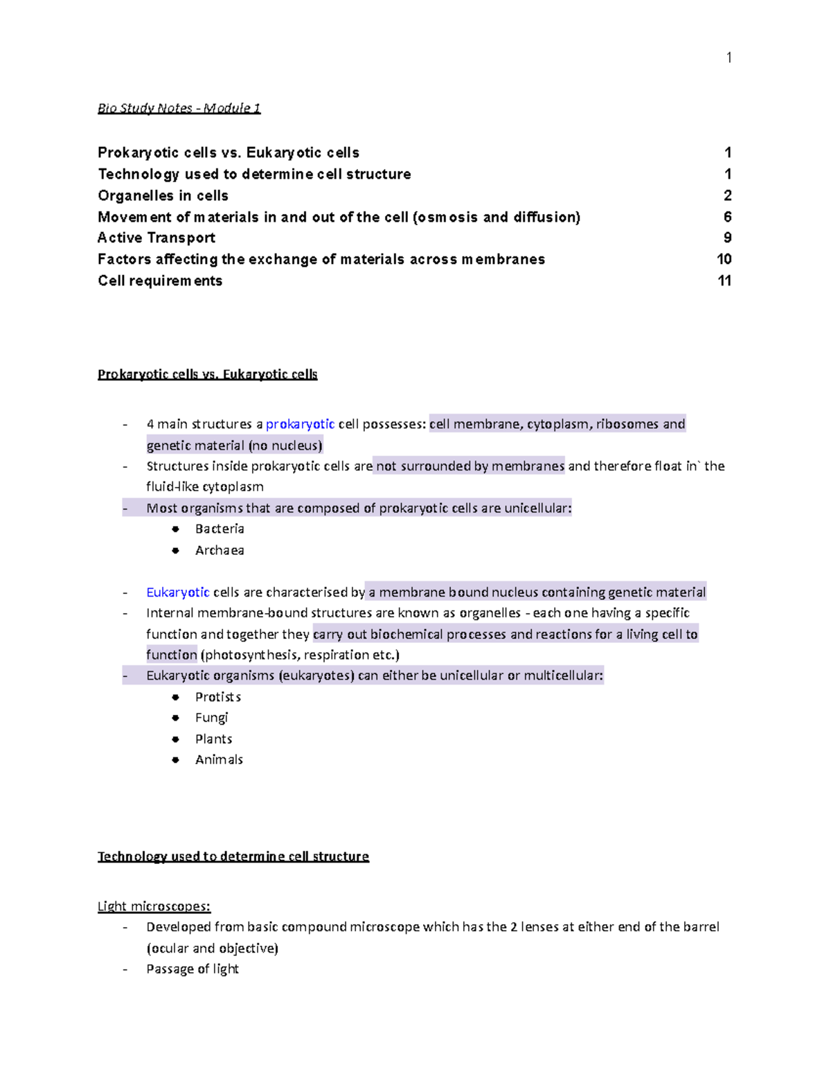 Bio study notes - module 1: prokaryotic vs. eukaryotic cells and ...