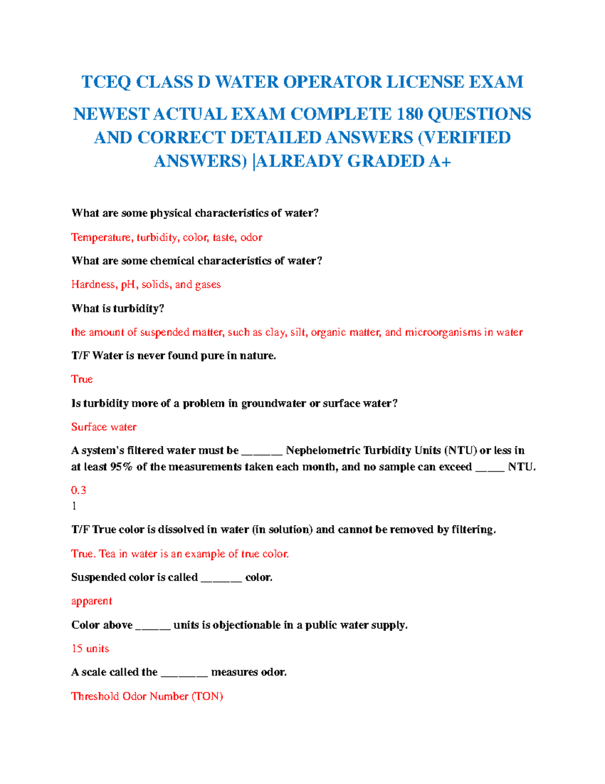 TCEQ Class D Water Operator License Final Exam Review with 180 ...