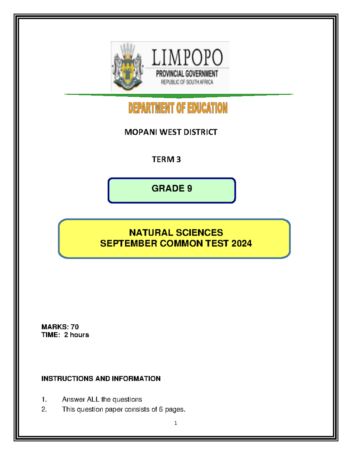 MW NS Grade 9 Term 3 Common Test September 2024 Question Paper - Studocu