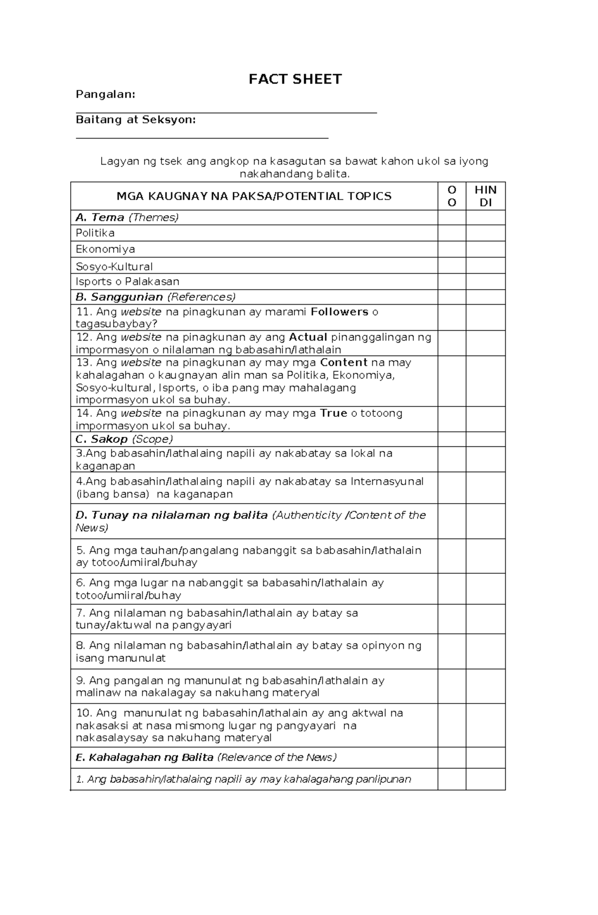 FACT Sheet for News Article Analysis and Evaluation - Studocu