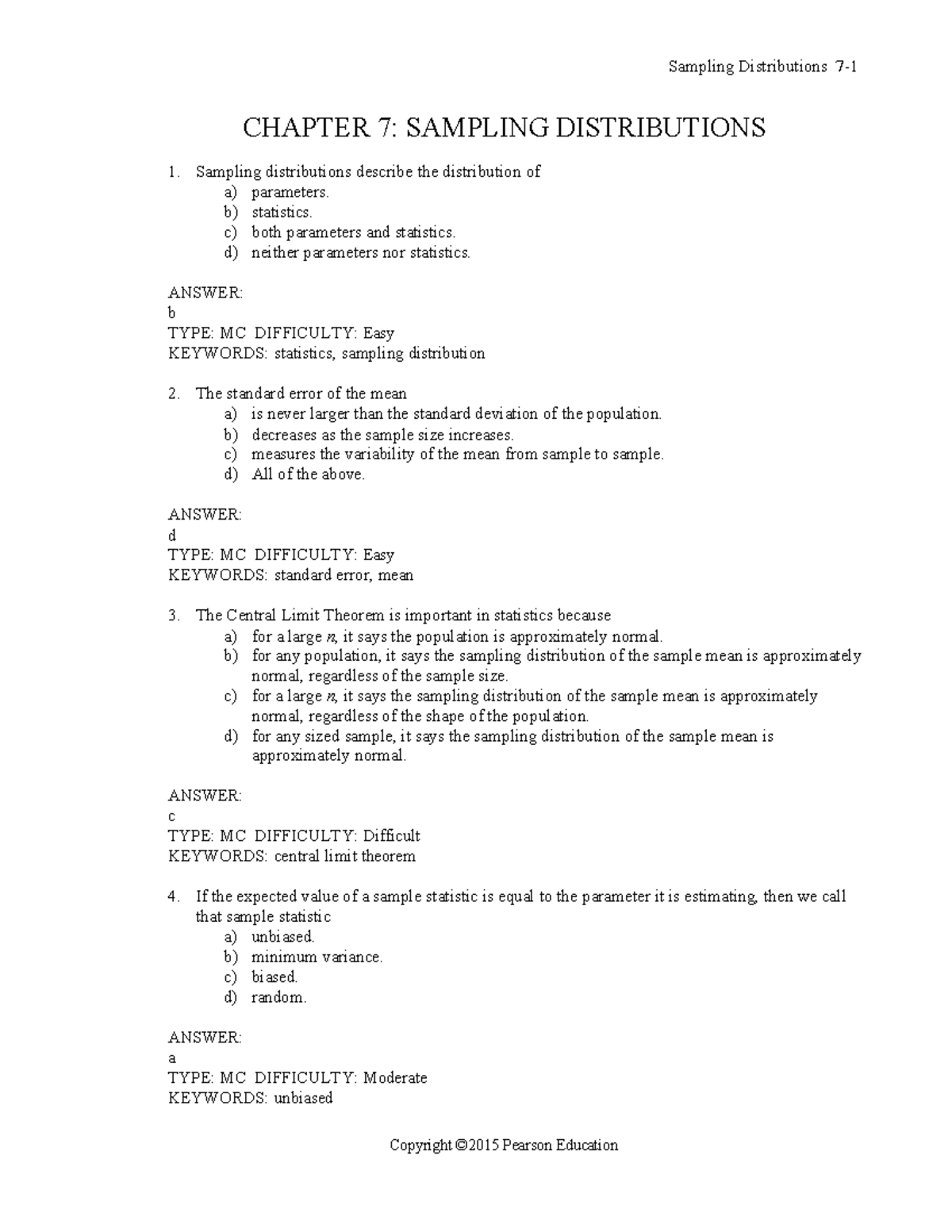 Sampling Distributions CHAPTER 7: Key Concepts and Practice Questions ...
