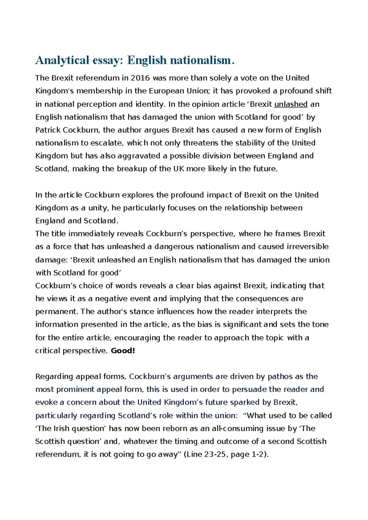 Analytical Essay: The Impact of Brexit on English Nationalism - Studocu