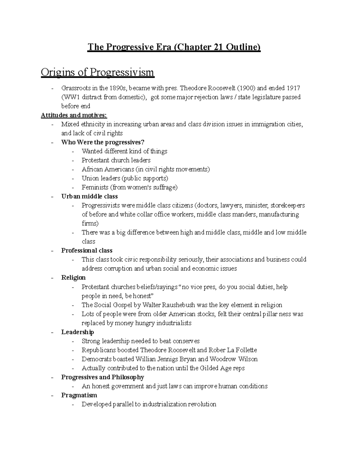 APUSH 2 Chapter 21: The Progressive Era Outline and Key Themes - Studocu
