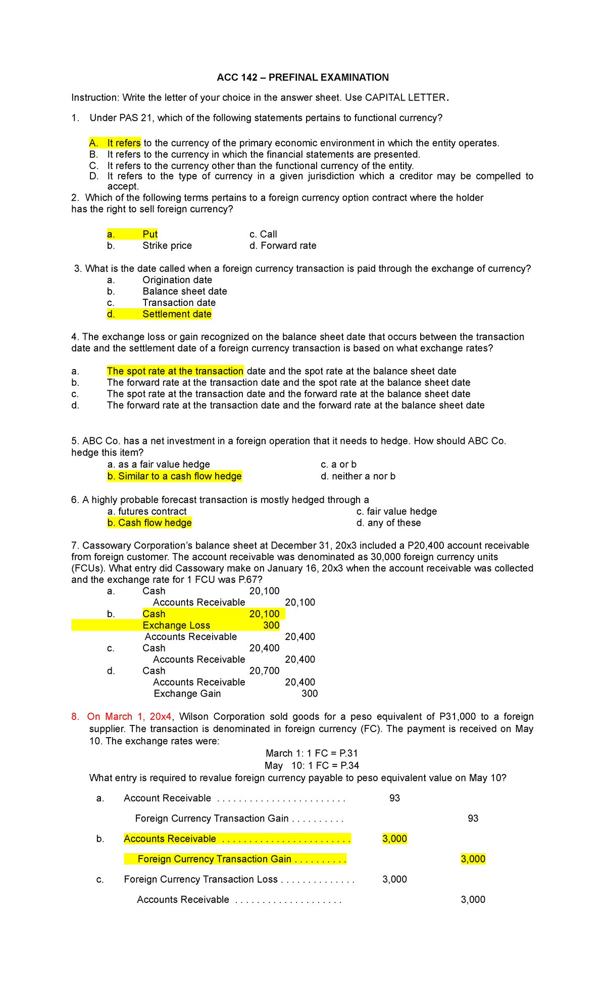 ACC 142 Prefinal Exam Questions and Answers - Studocu