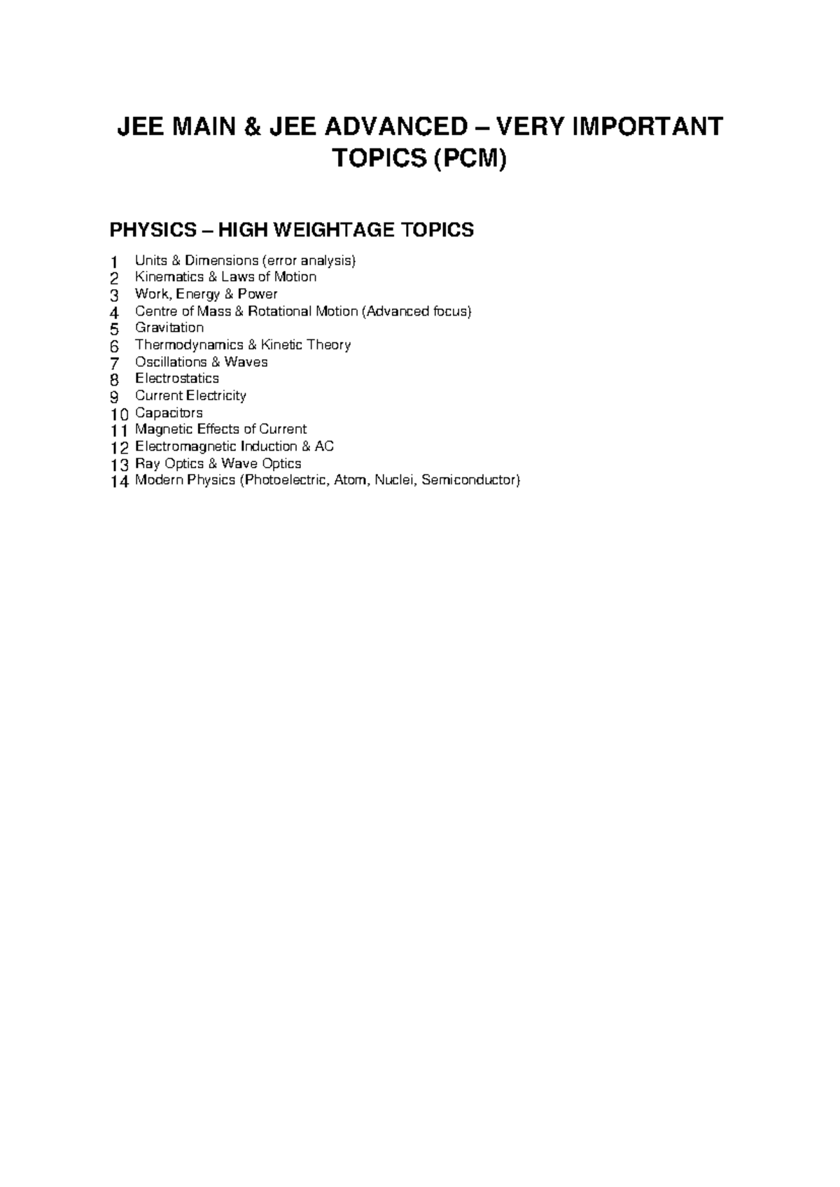 JEE MAIN & ADVANCED: High Weightage Topics in PCM - Studocu