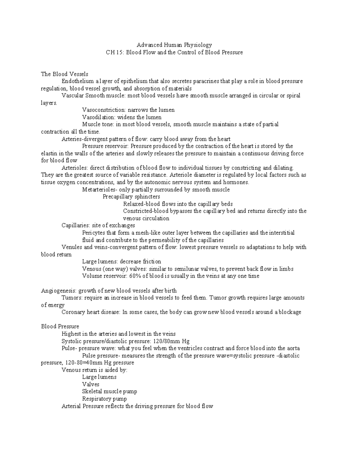 Advanced Human Physiology CH 15: Blood Flow & Pressure Regulation - Studocu