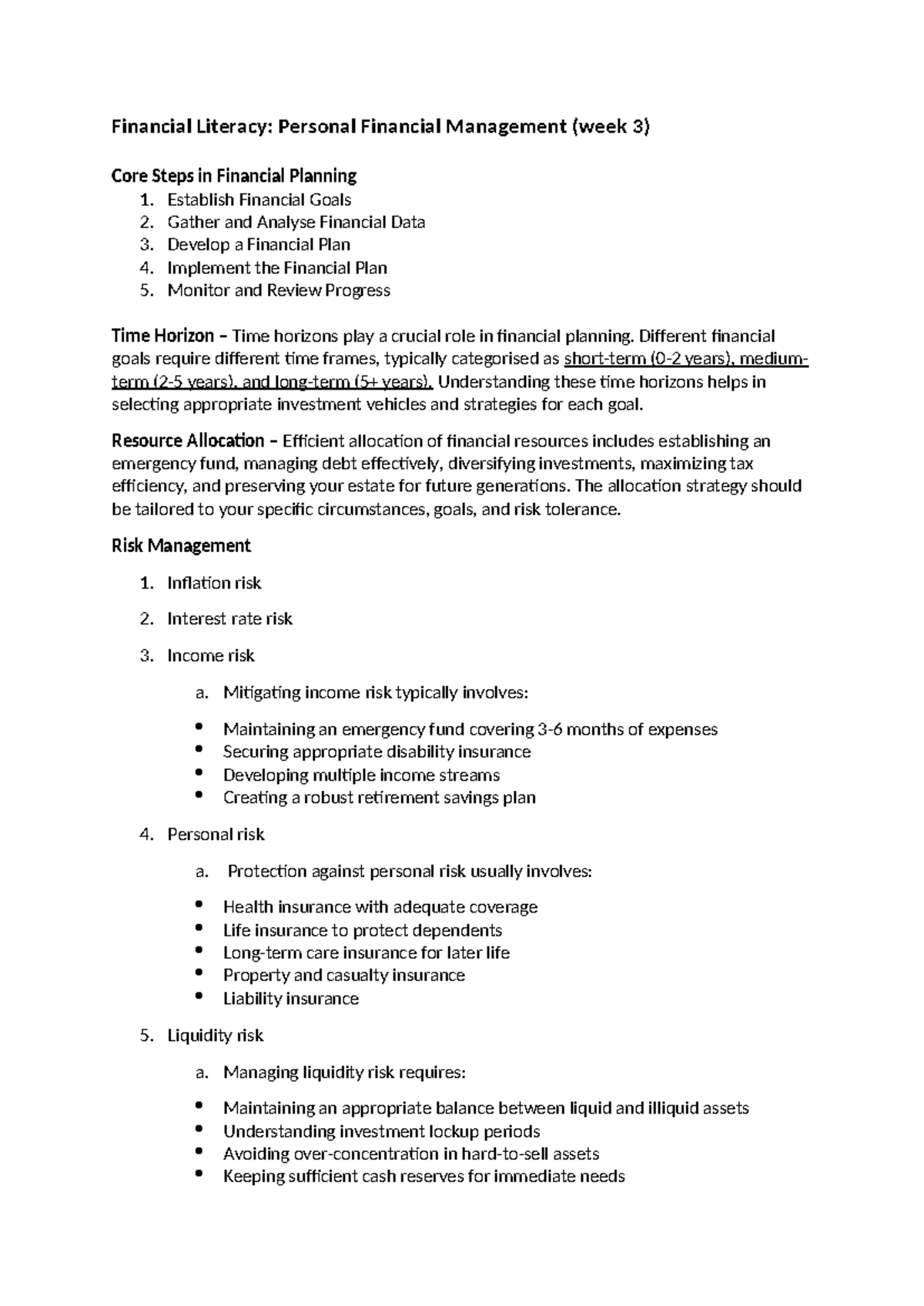 Personal Financial Management (FIN 101) - Week 3 Overview and Key ...