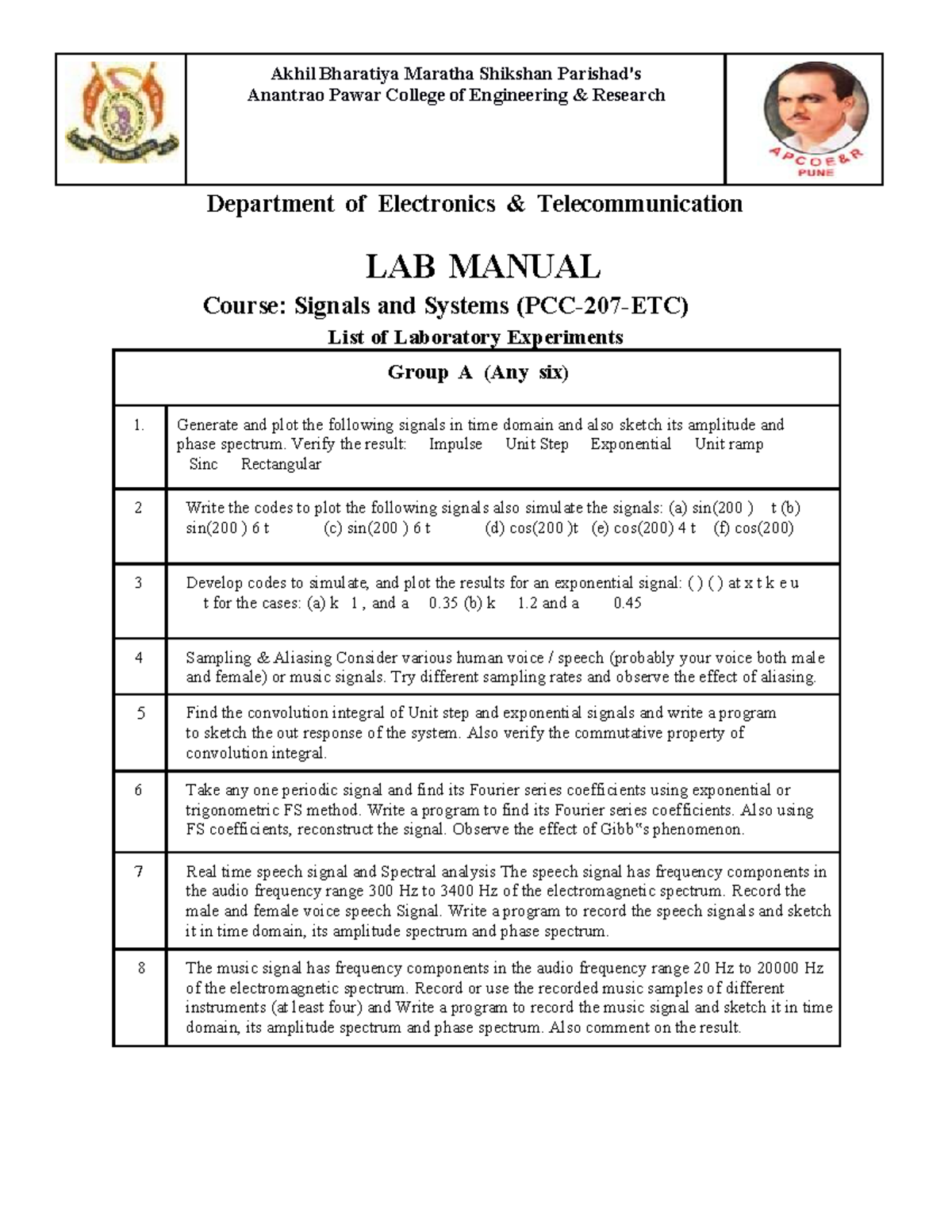 Signals and Systems Lab Manual (Course Code: SS101) - Experiments ...
