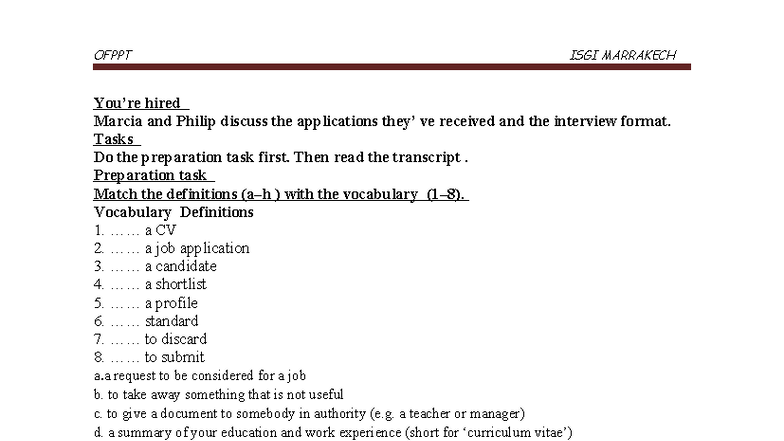 OFPPT ISGI MARRAKECH Interview Process Overview and Vocabulary Guide ...