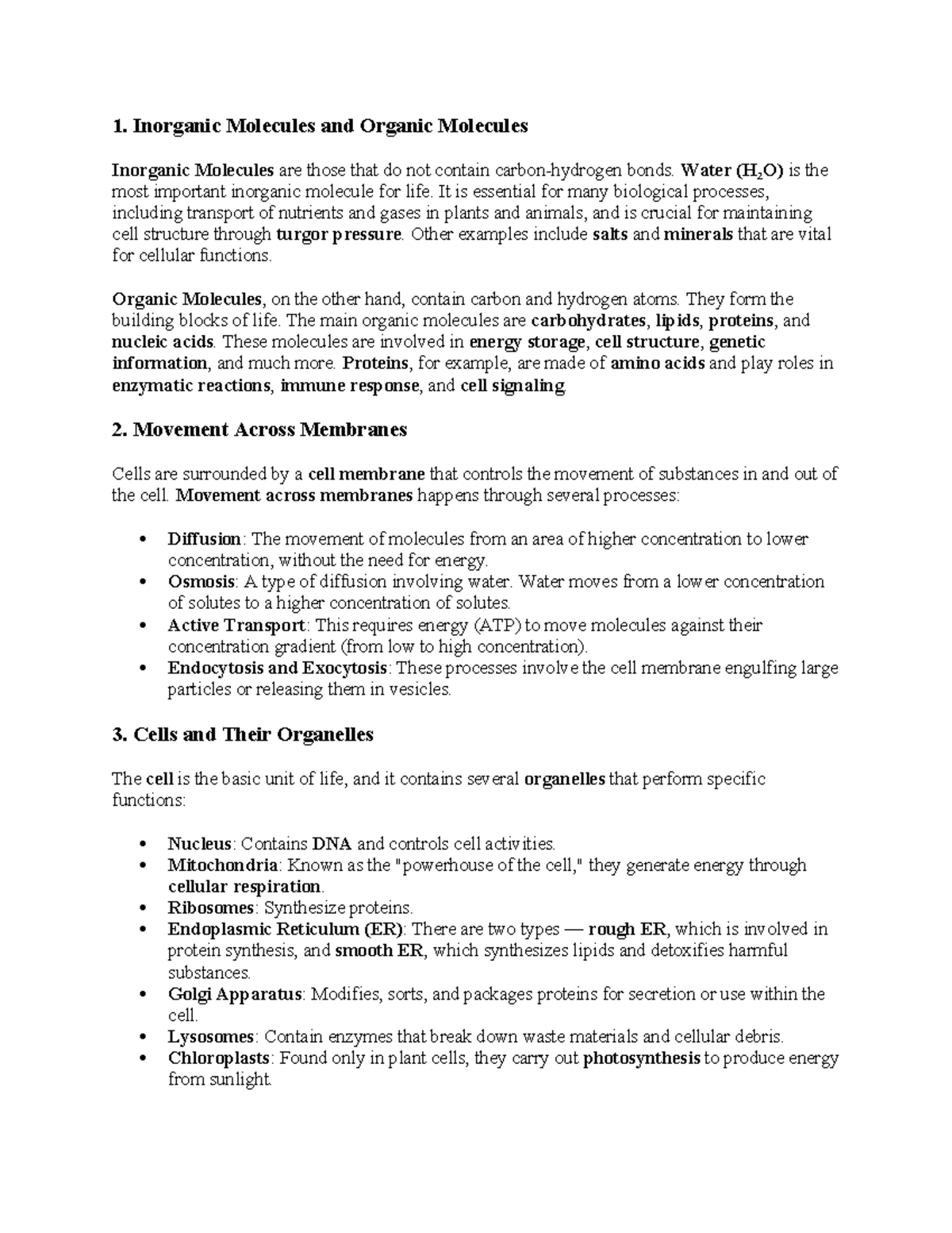Term 1 Biology Study Guide: Inorganic & Organic Molecules, Cell ...