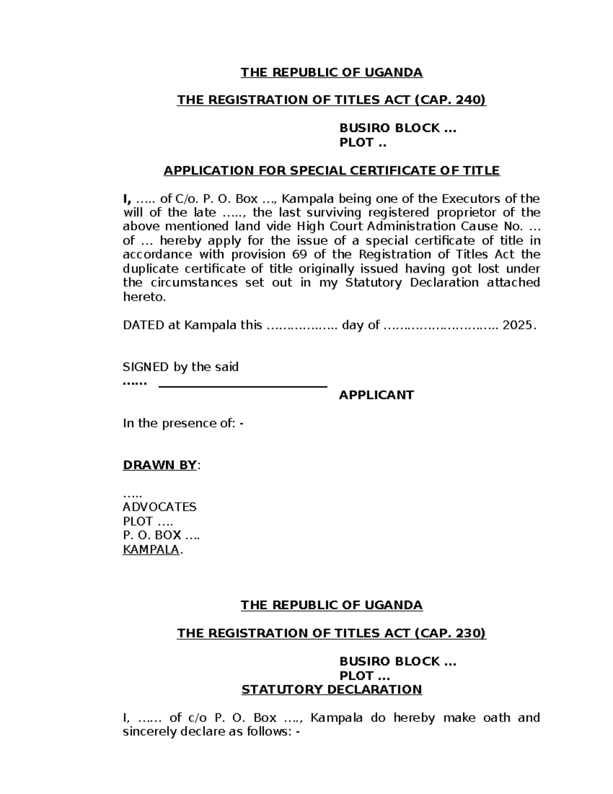 Application for Special Certificate of Title - Uganda (Cap. 240) - Studocu