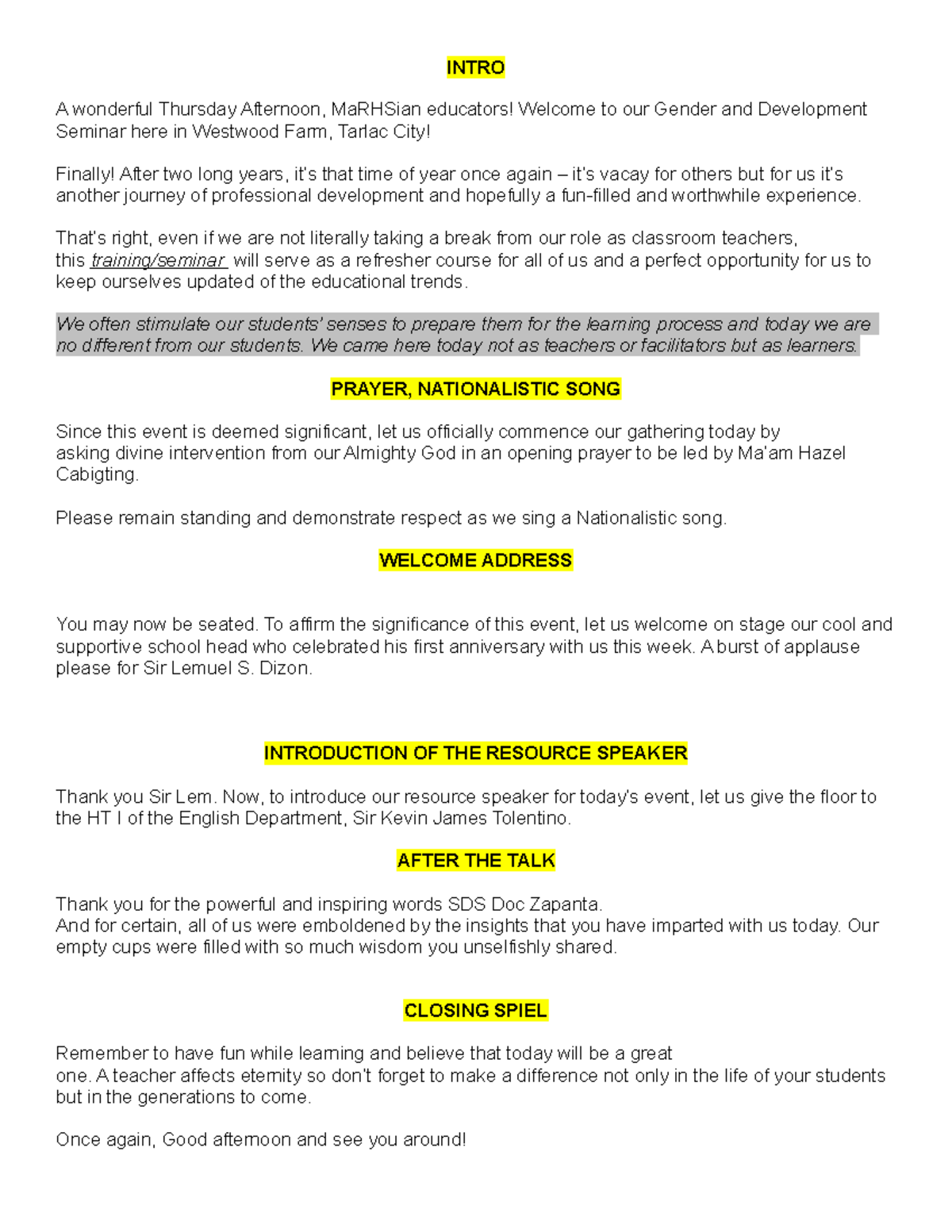 GAD Seminar Emcee Script - A Guide for Successful Hosting - Studocu