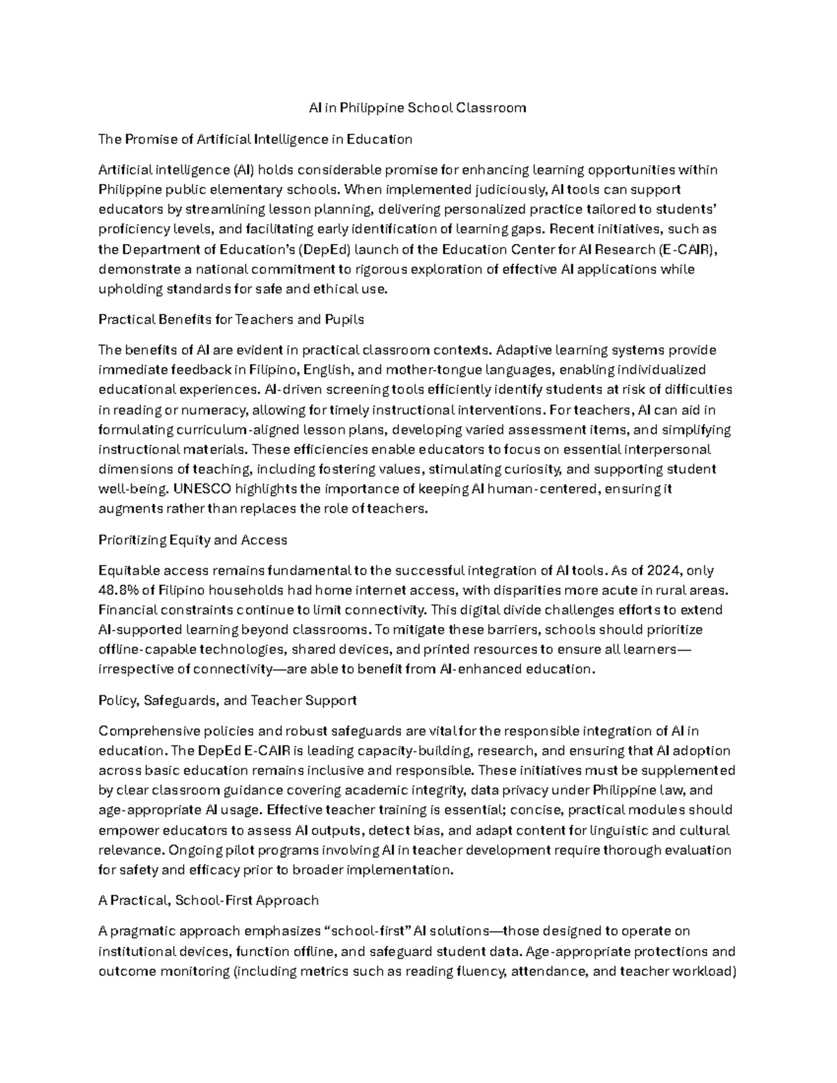 Are Philippine School Classrooms Ready for AI? Insights on AI in ...