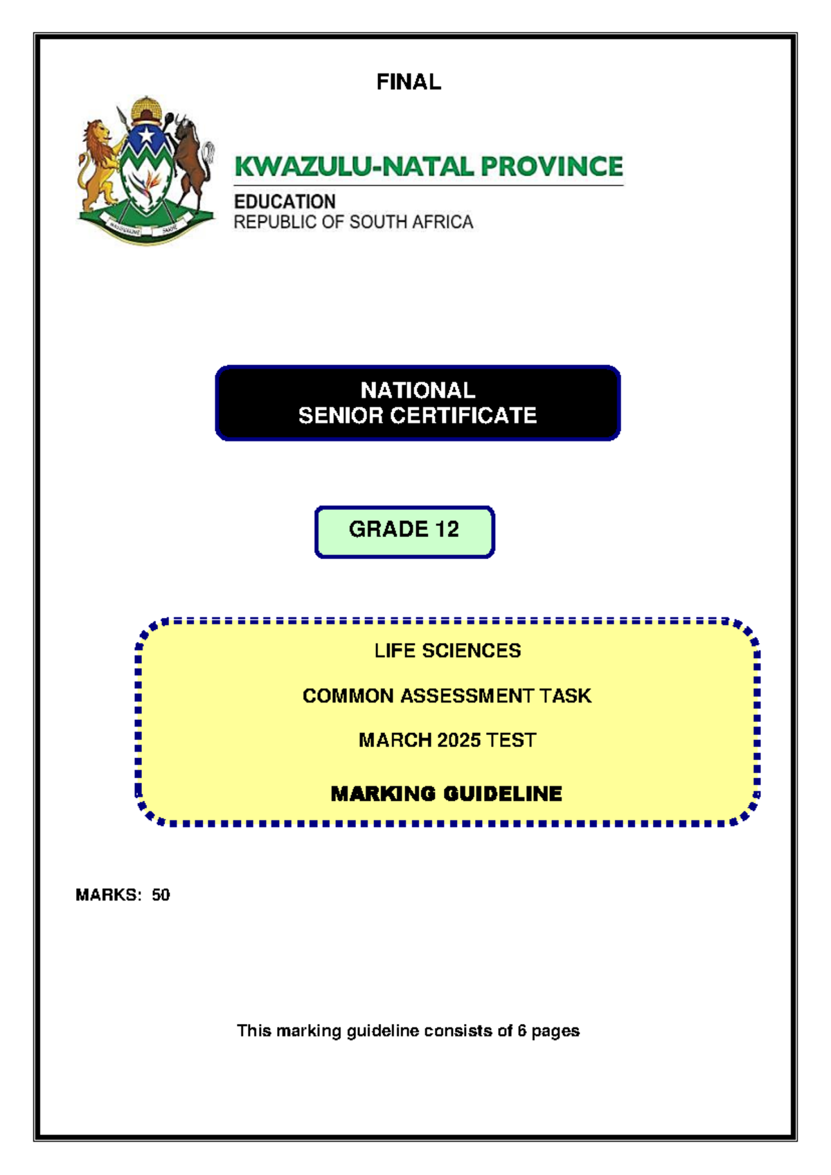 Life Sciences G12 March 2025 Test Marking Guideline Final Draft - Studocu