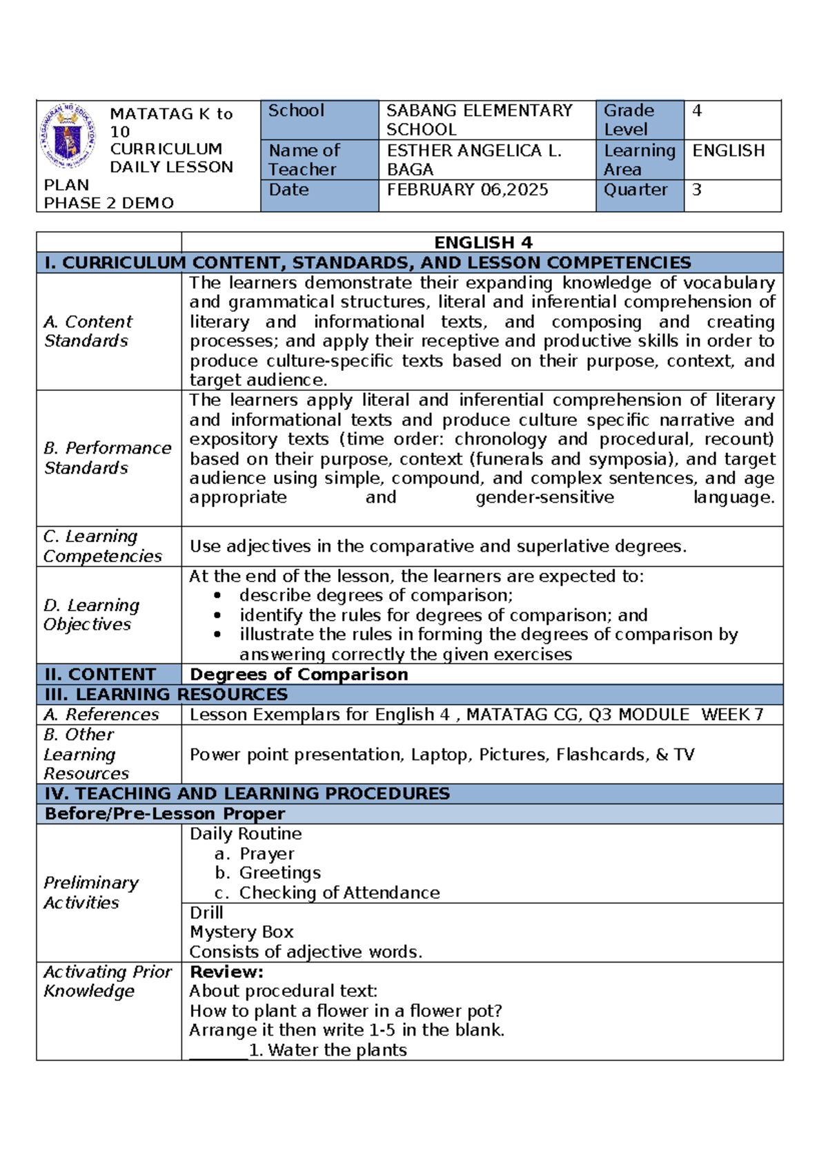Grade 4 English Lesson Plan: Degrees of Comparison Overview - Studocu