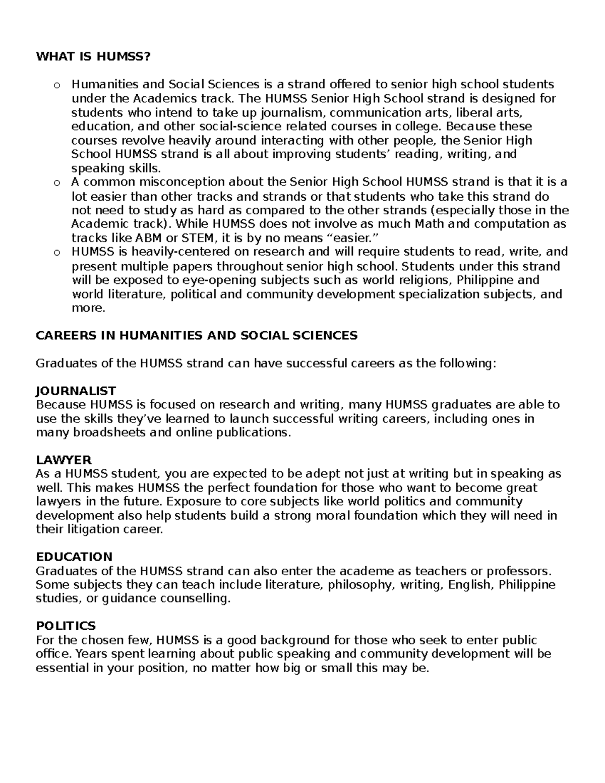 HUMSS Career Paths & Work Ethics Overview - Studocu