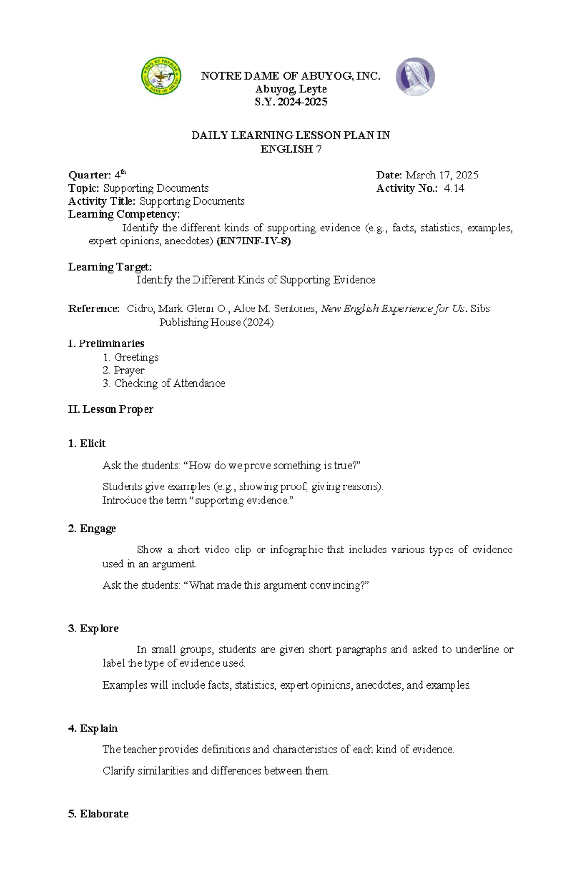 ENGLISH 7 Daily Lesson Plan: Supporting Evidence (4th Quarter) - Studocu