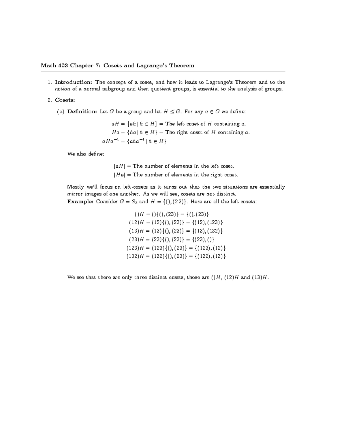 Math 403 Chapter 7: Understanding Cosets and Key Theorems - Studocu
