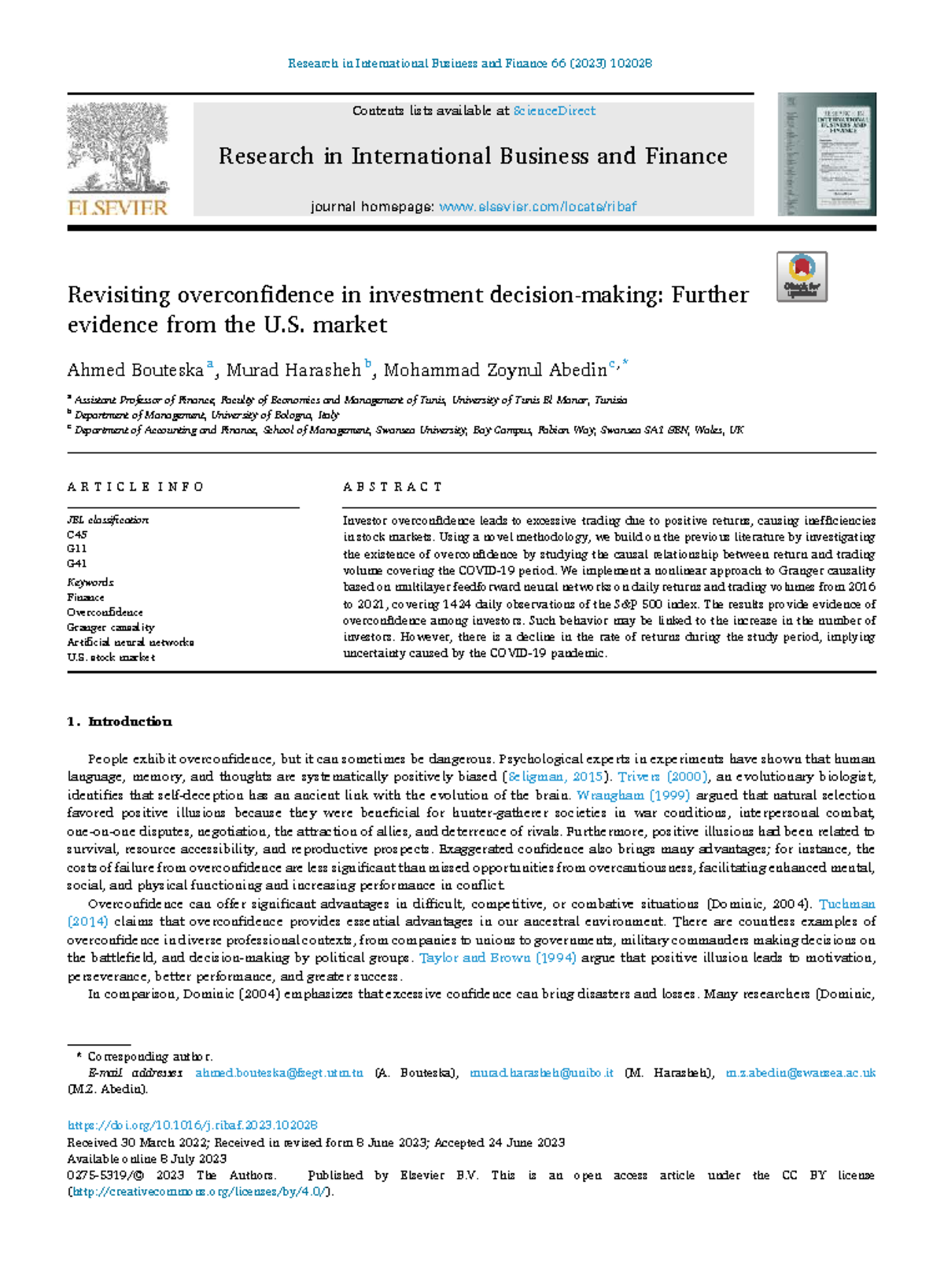 Revisiting Overconfidence in Investment: Evidence from U.S. Market (IBF ...