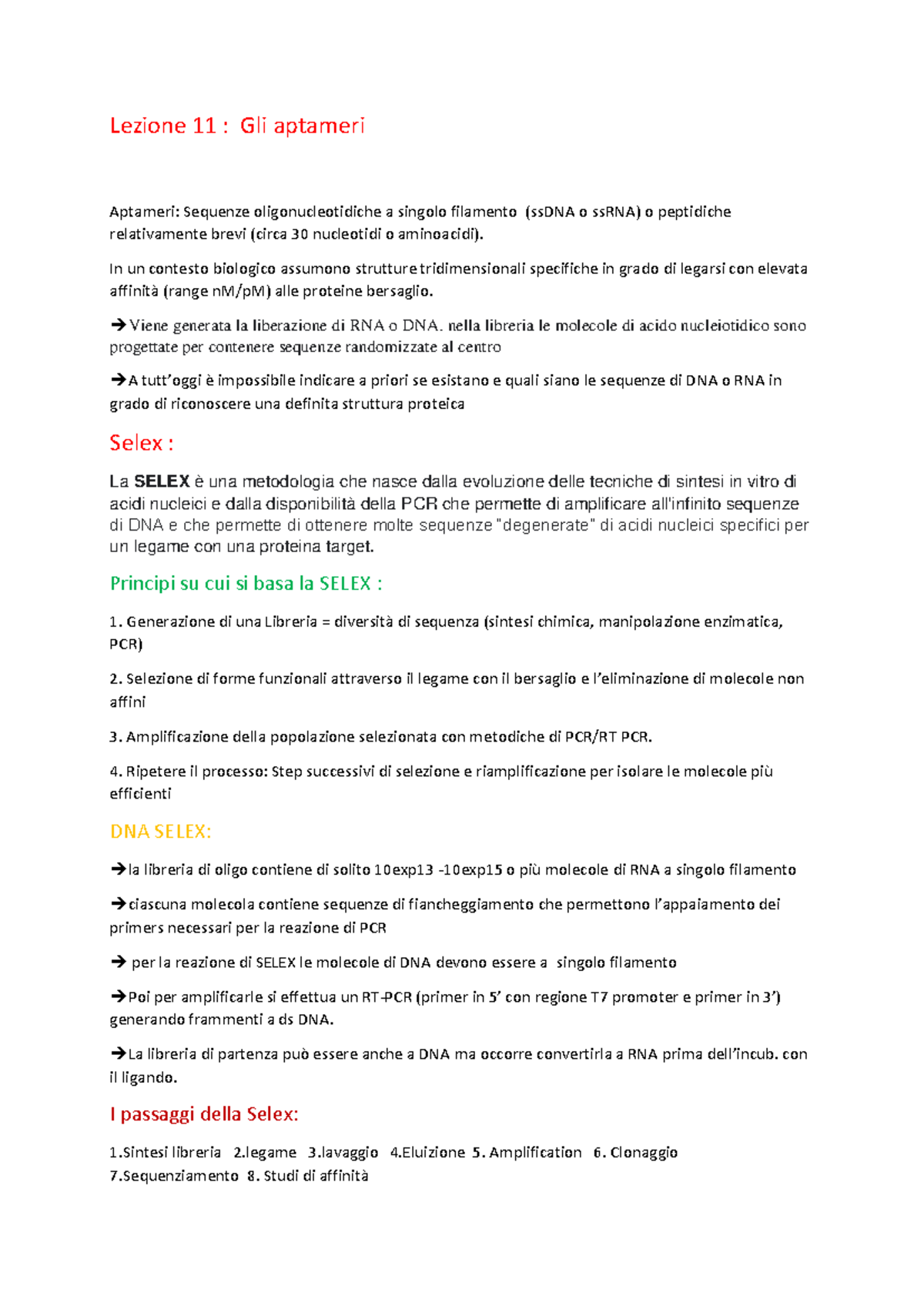 Lezione 11 - Aptameri e Metodo SELEX: Studio ed Applicazioni - Studocu