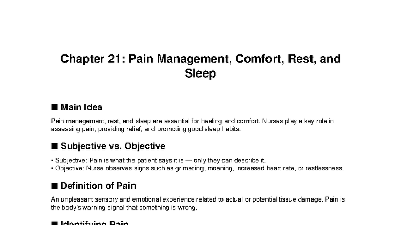 Chapter 21: Pain Management Study Sheet for Nursing - Studocu