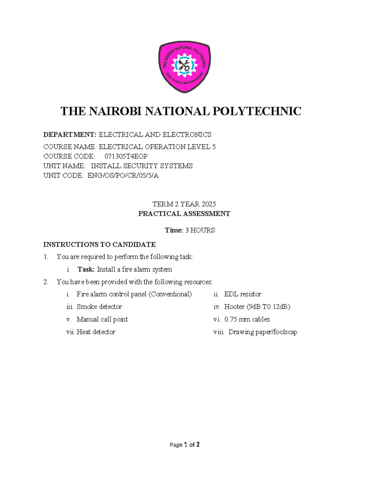 Electrical Operation Level 5: Security Systems Past Paper 2024 - Studocu