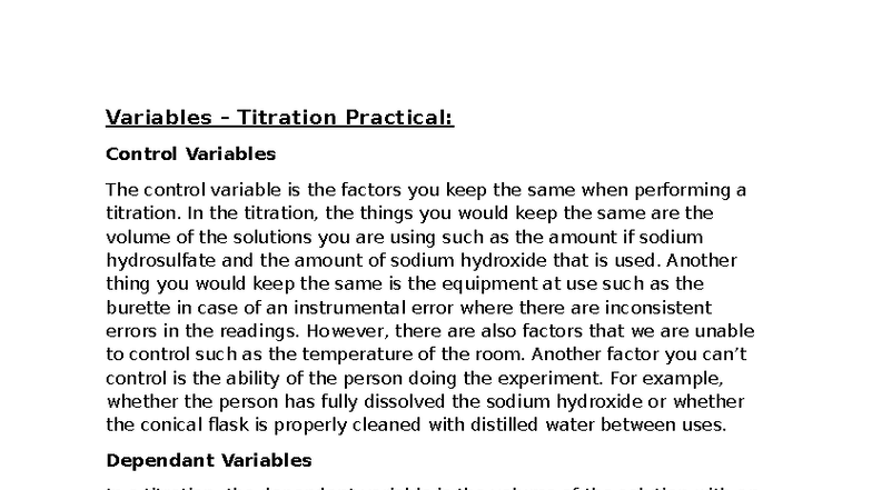 Titration Variables: Control, Dependent, and Independent Factors - Studocu