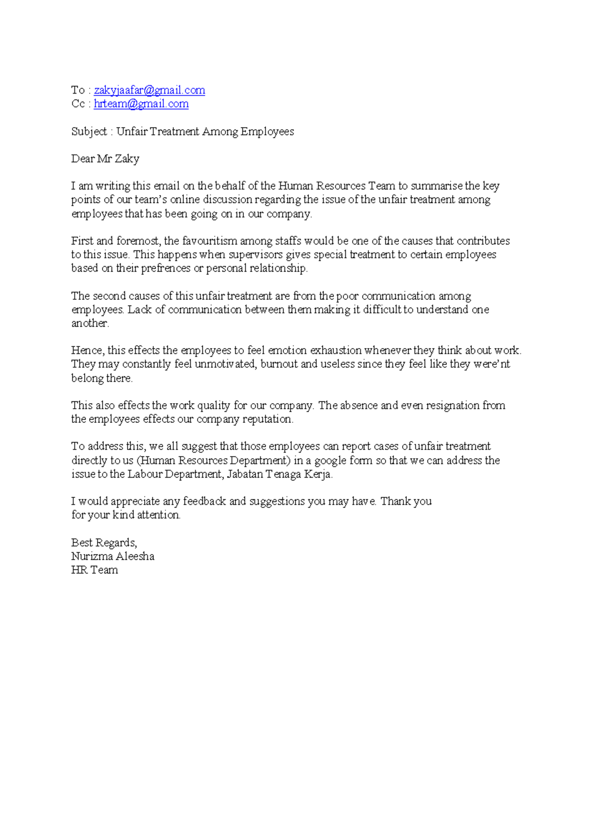 Assessment - Email on Unfair Treatment Among Employees - Studocu