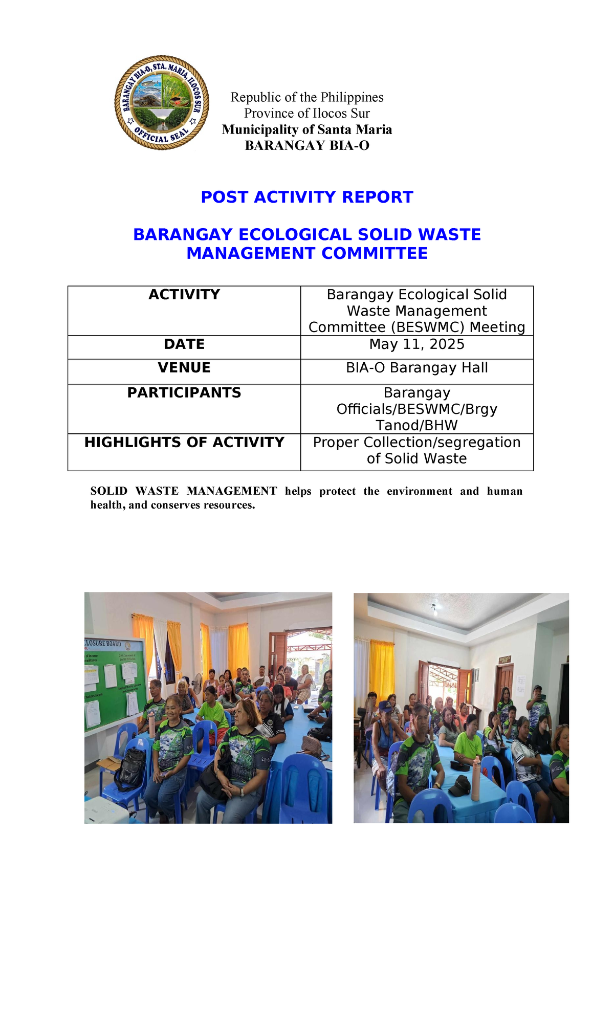 Barangay Post Activity Report: Solid Waste & Road Clearing Ops - Studocu