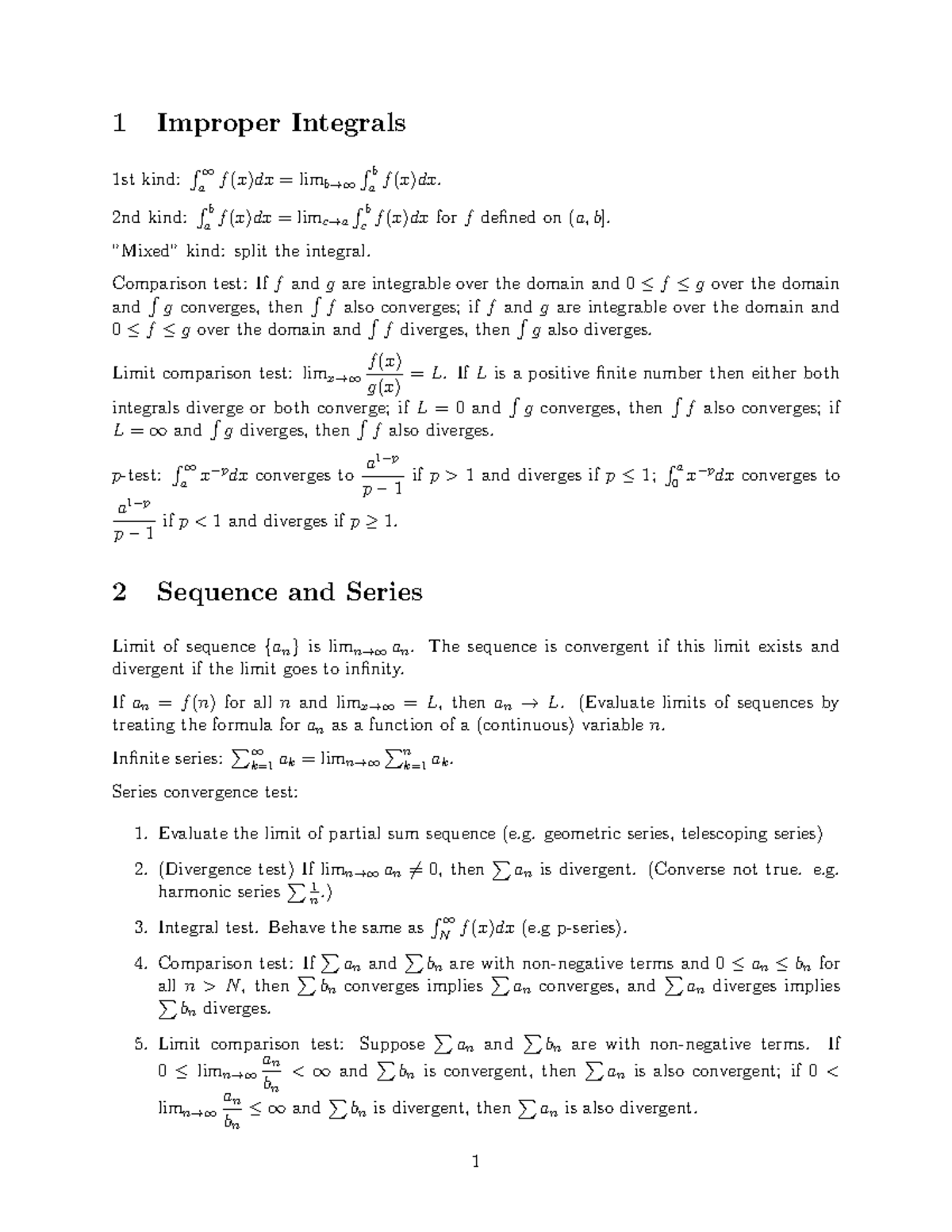Calculus Summary 1: Improper Integrals, Sequences, and Series - Studocu