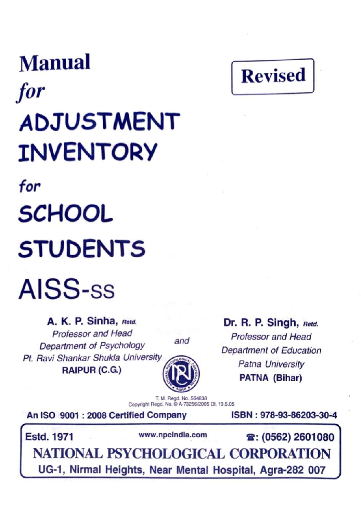 AISS - Adjustment Inventory Manual for School Students - Studocu