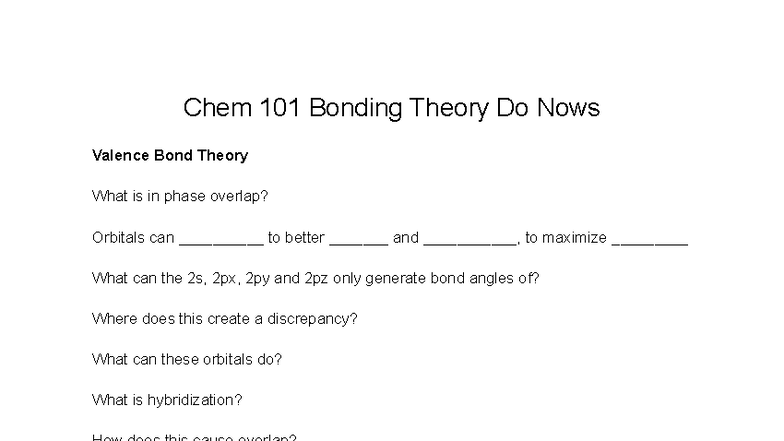 Chem 101 Bonding Theory Do Nows: Valence Bond & Hybridization Concepts ...