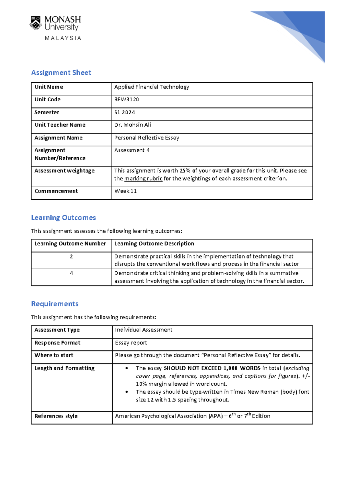 A4 Brief - A4 reflective essay - 1 Assignment Sheet Unit Name Applied ...