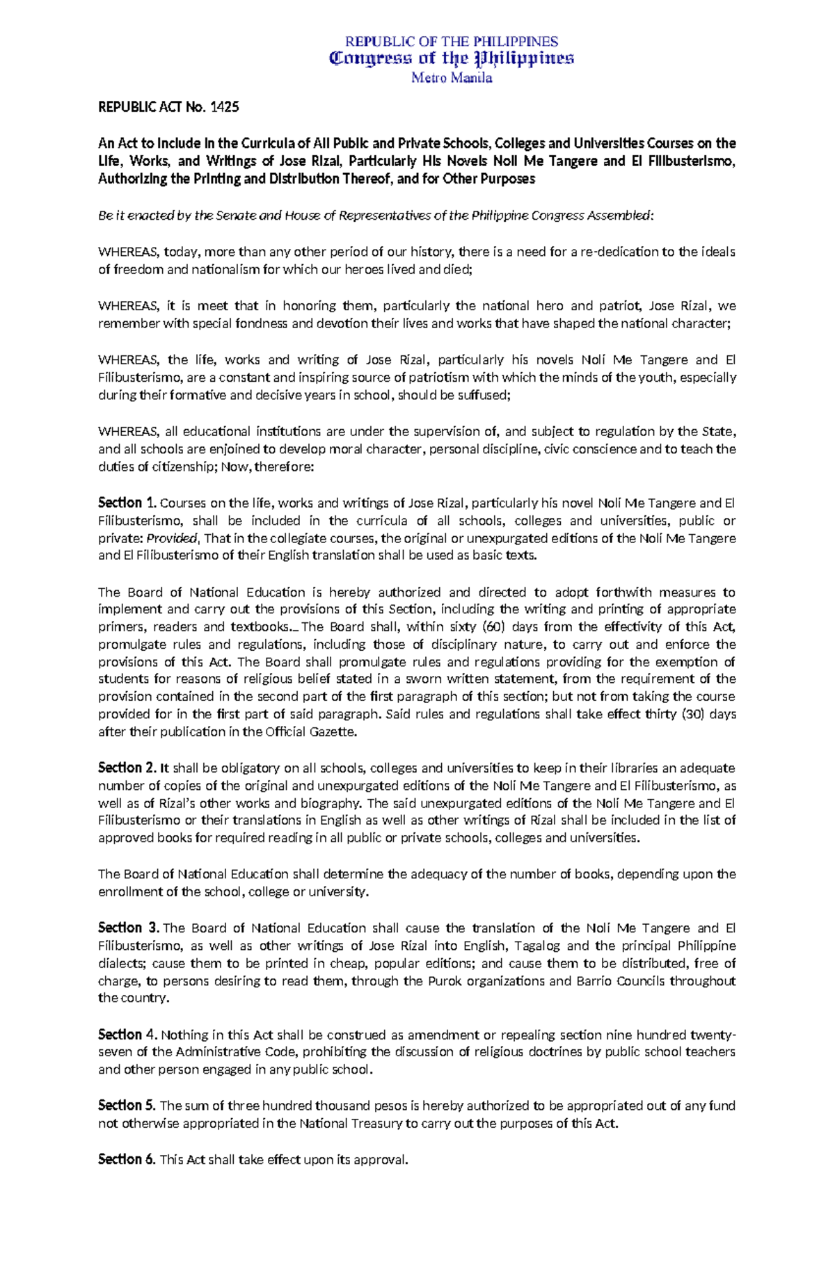 The Rizal Law (Republic Act No. 1425) - Lecture Notes - Studocu
