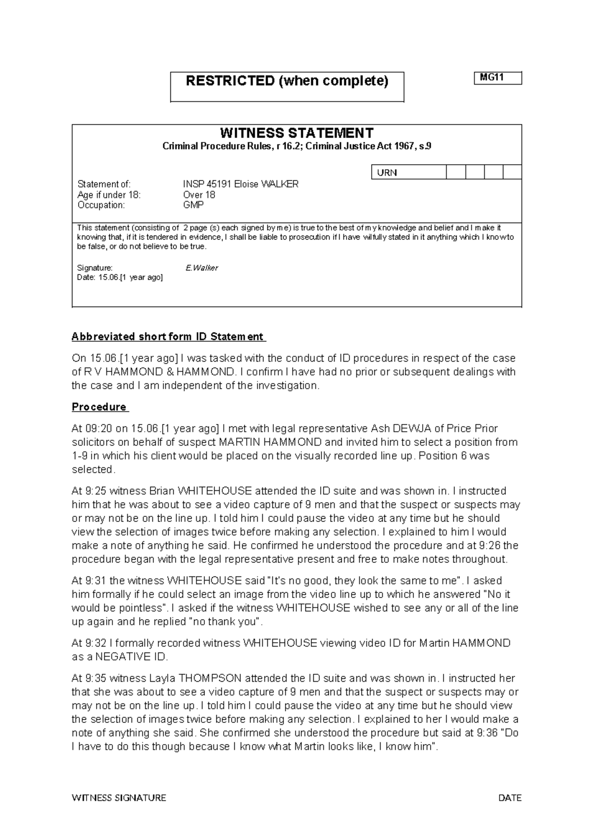 BTC Crime W1 MG11 Witness Statement by Insp Eloise Walker - Studocu