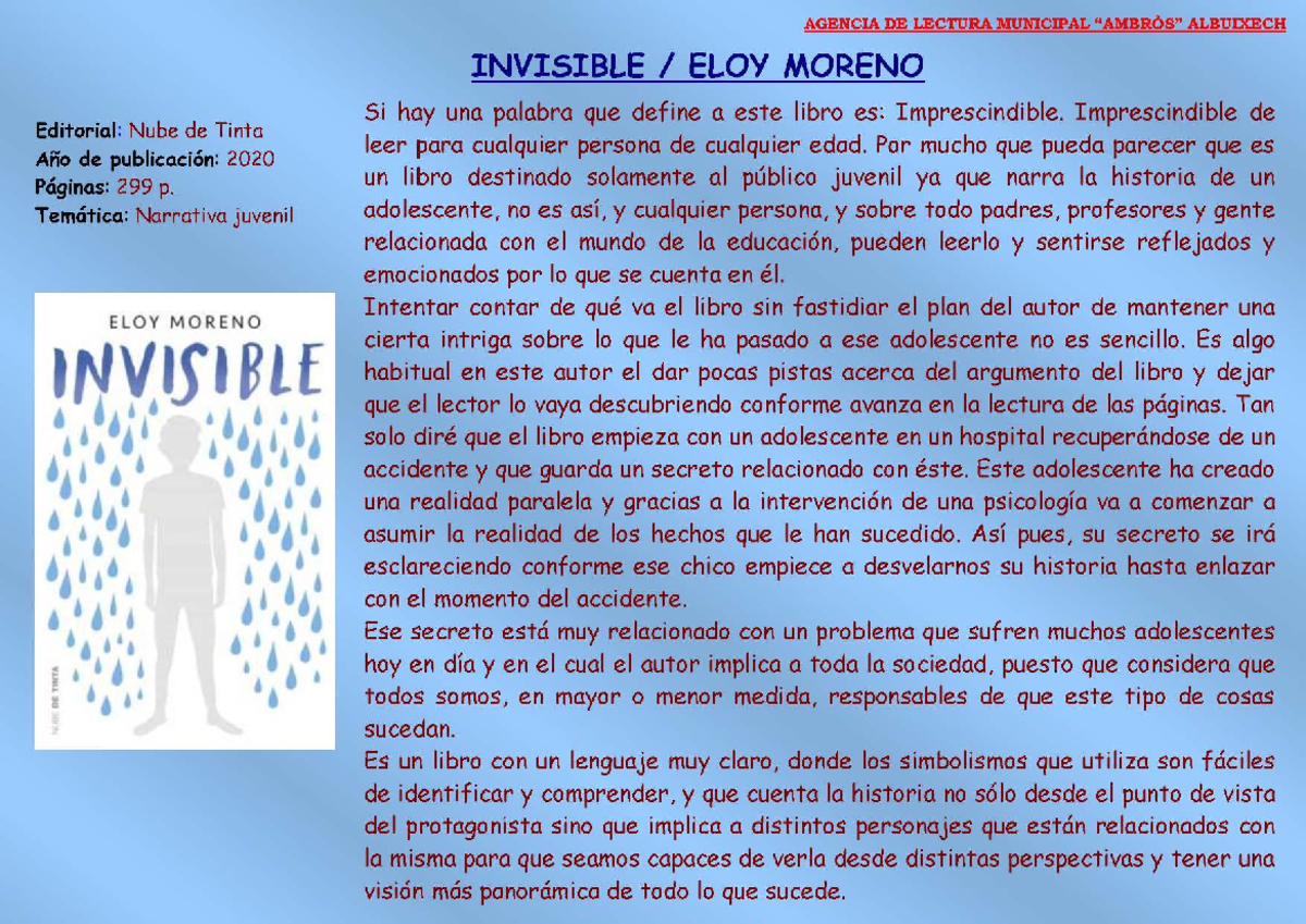 Análisis del libro "Invisible" de Eloy Moreno - EES 2020 - Studocu