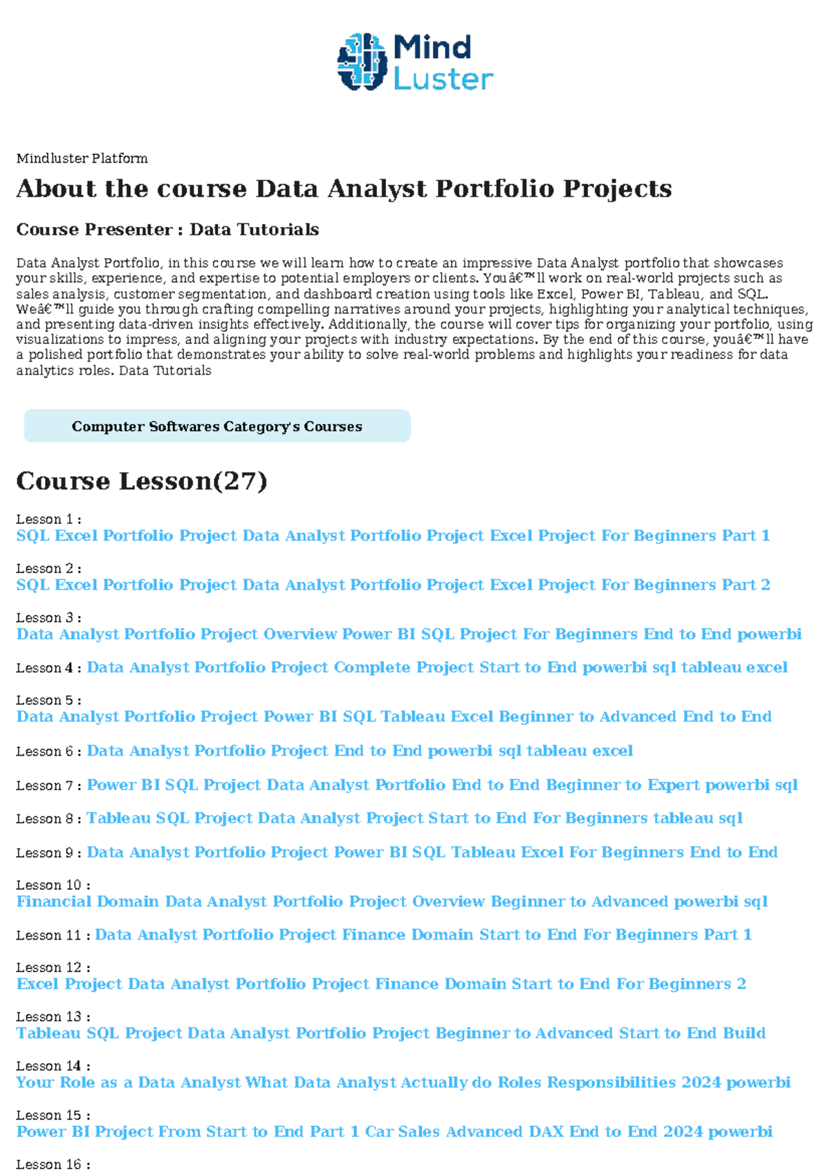 Data Analyst Portfolio Projects Course (DAT101) Overview and Lessons ...