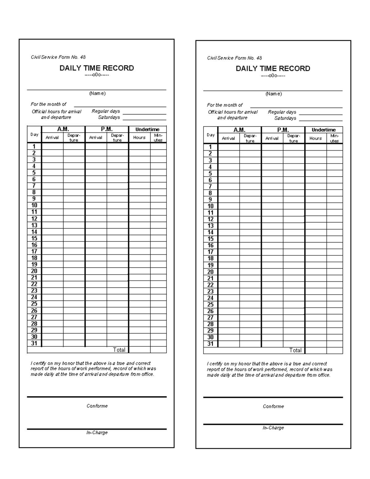 Civil Service Form No. 48 - Daily Time Record Template - Studocu