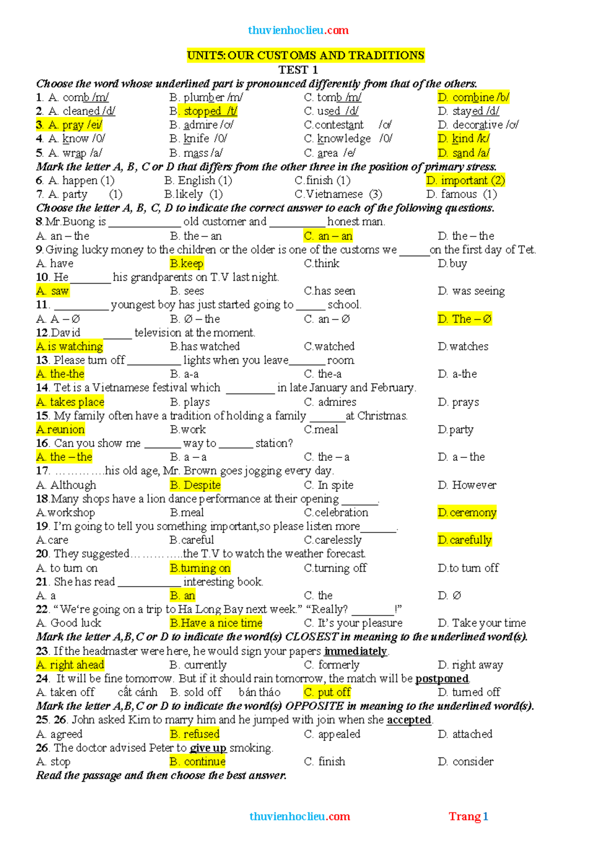 English Test - Grade 5: Unit 5 - Our Customs and Traditions - Studocu