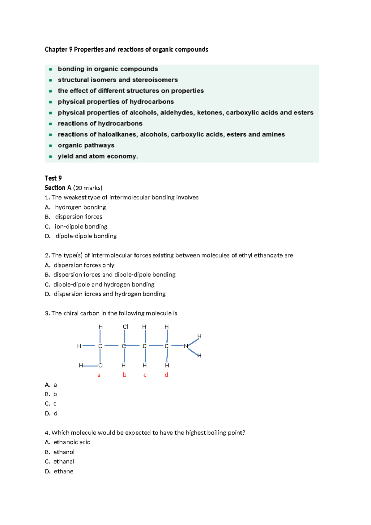 Chapter 9: Properties & Reactions of Organic Compounds - Test 9 (20 ...