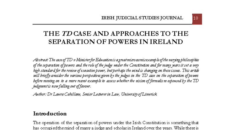 IRISH JUDICIAL STUDIES JOURNAL 10: Analyzing the TD Case & Separation ...
