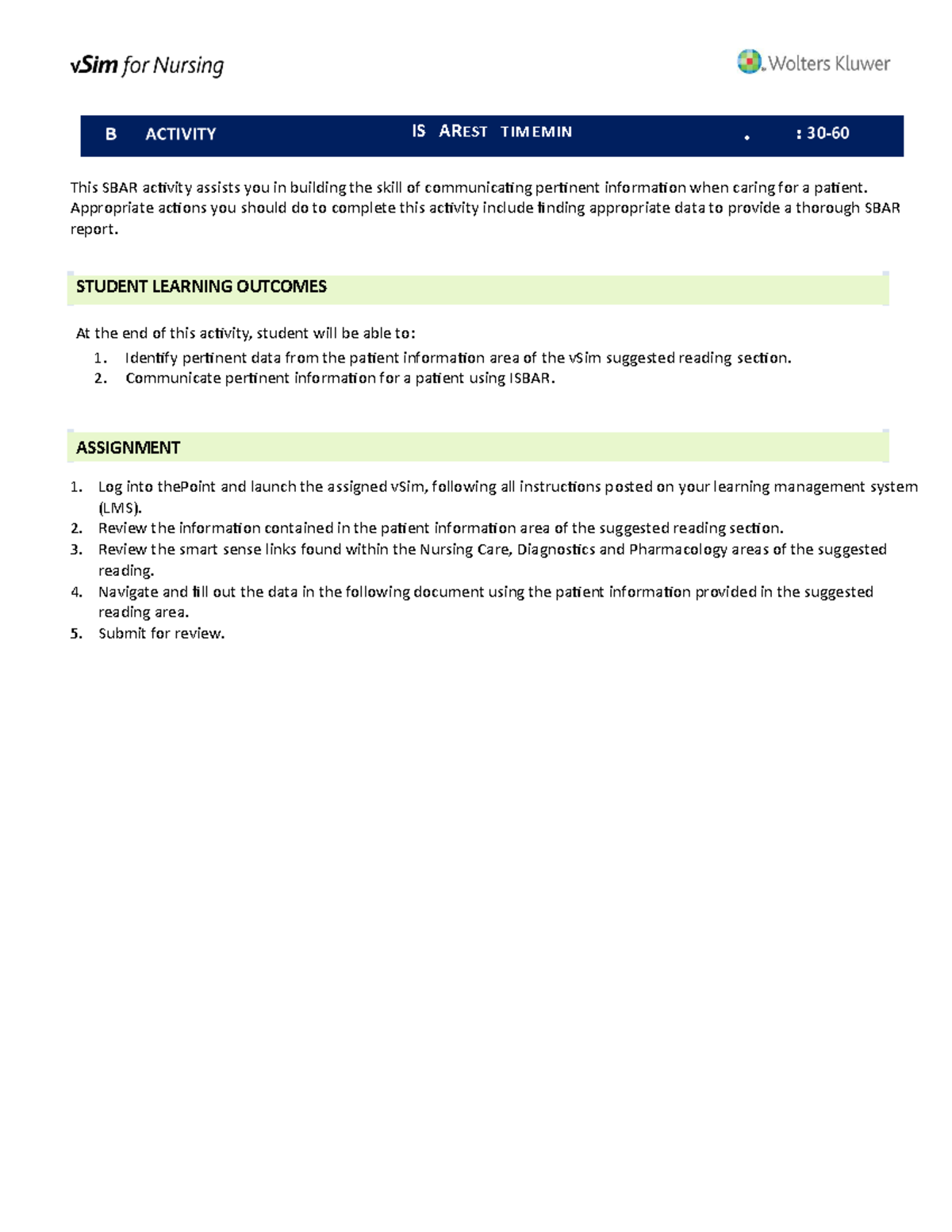 vSim ISBAR Activity (5) - Patient Communication Skills for Sara Lin ...